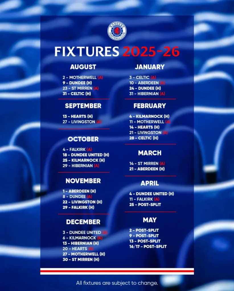 Rangers' 2025/26 Season Fixtures